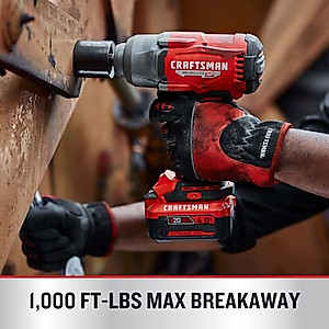 CRAFTSMAN V20 RP Impact Wrench, Cordless, Brushless, High Torque, 1/2 Inch, 4Ah Battery and Charger Included (CMCF940M1)