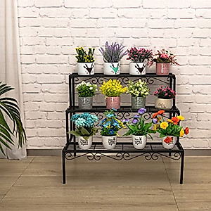 DOEWORKS 3 Tier Stair Style Metal Plant Stand, Garden Shelf for Large Flower Pot Display Rack Indoor Outdoor, Black