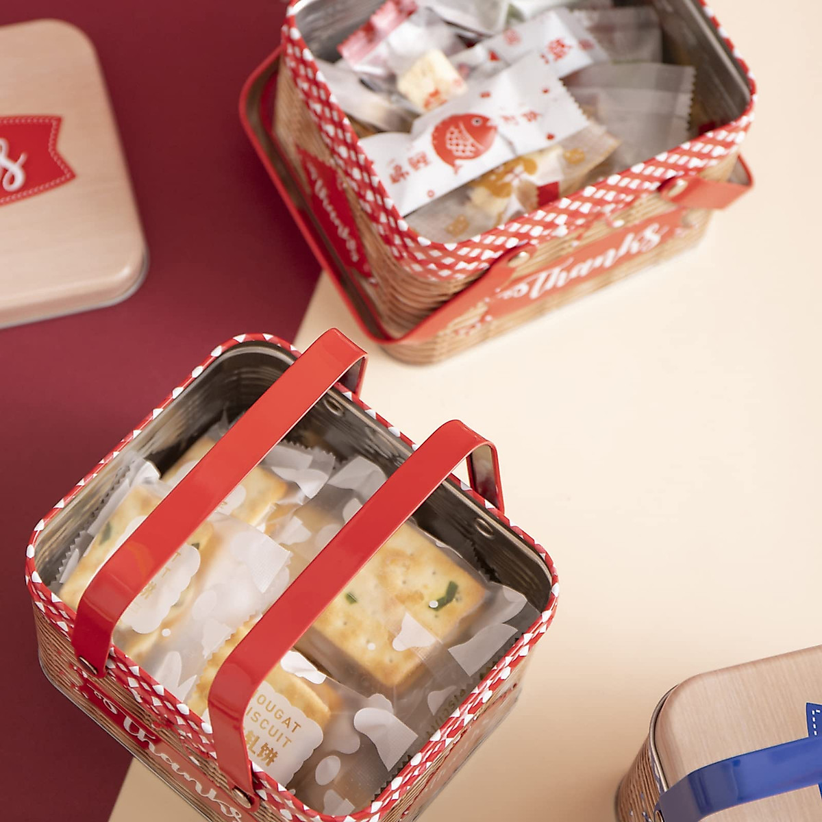 LONG TAO 2 Pcs Cookie Jar Jars Candy Cookie Tins Sugar Cans Food Storage Containers Storage Box with Handle and Lid for Home Kitchen Counter Decorative Snack Storage (Red)