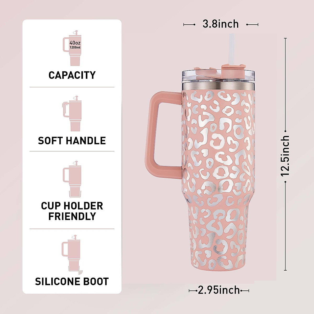 wonshia 40oz Cow print Tumbler With handle, Stainless Steel Tumbler With Lid and Straws, Double Vacuum Leak Proof Travel Coffee Mug Cup Water Bottle For Home, Office, Party (Water pink)