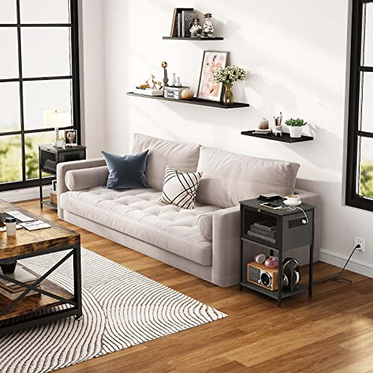 NONGSHIM Nightstand with Charging Station and USB Ports, Night Stand with Flip Drawer and Open Storage Shelf,Bedside Table for Small Spaces,Side End Table for Bedroom,Living Room-Grey