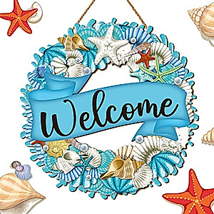 Hello Summer Wreath Sign Ocean Beach Wooden Hanging Wreath Decor Ornament Wood Farmhouse Beach Starfish Door Decor Beach Theme Hanger for Front Door Porch Home Wall Window Indoor Outdoor Decor