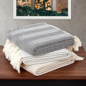 Mykonos Home Throw Blanket for Couch - 100% Pure Turkish Cotton Knitted Blanket with Tassels, Cozy, Lightweight, Eco-Friendly, Soft Blankets for Chair, Bed, Authentic Boho Warm Blanket 51x60 in