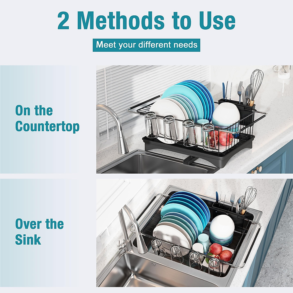 MAJALiS Dish Drying Rack in Sink - Dual-Use for Countertops & Sinks, Stainless Steel Dish Drainers for Kitchen Counter, Over The Sink Dish Racks with a Draindboard & Utensil & Cup Holder, Black