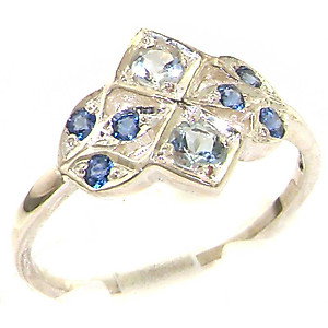LetsBuyGold 925 Sterling Silver Natural Aquamarine and Sapphire Womens Cluster Ring - Sizes 4 to 12 Available