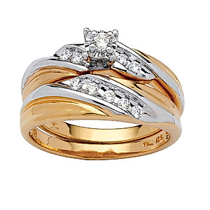 PalmBeach Yellow Gold-Plated or Platinum-Plated Sterling Silver Round Cubic Zirconia Two-Tone Diagonal Bridal Ring Set Size 7