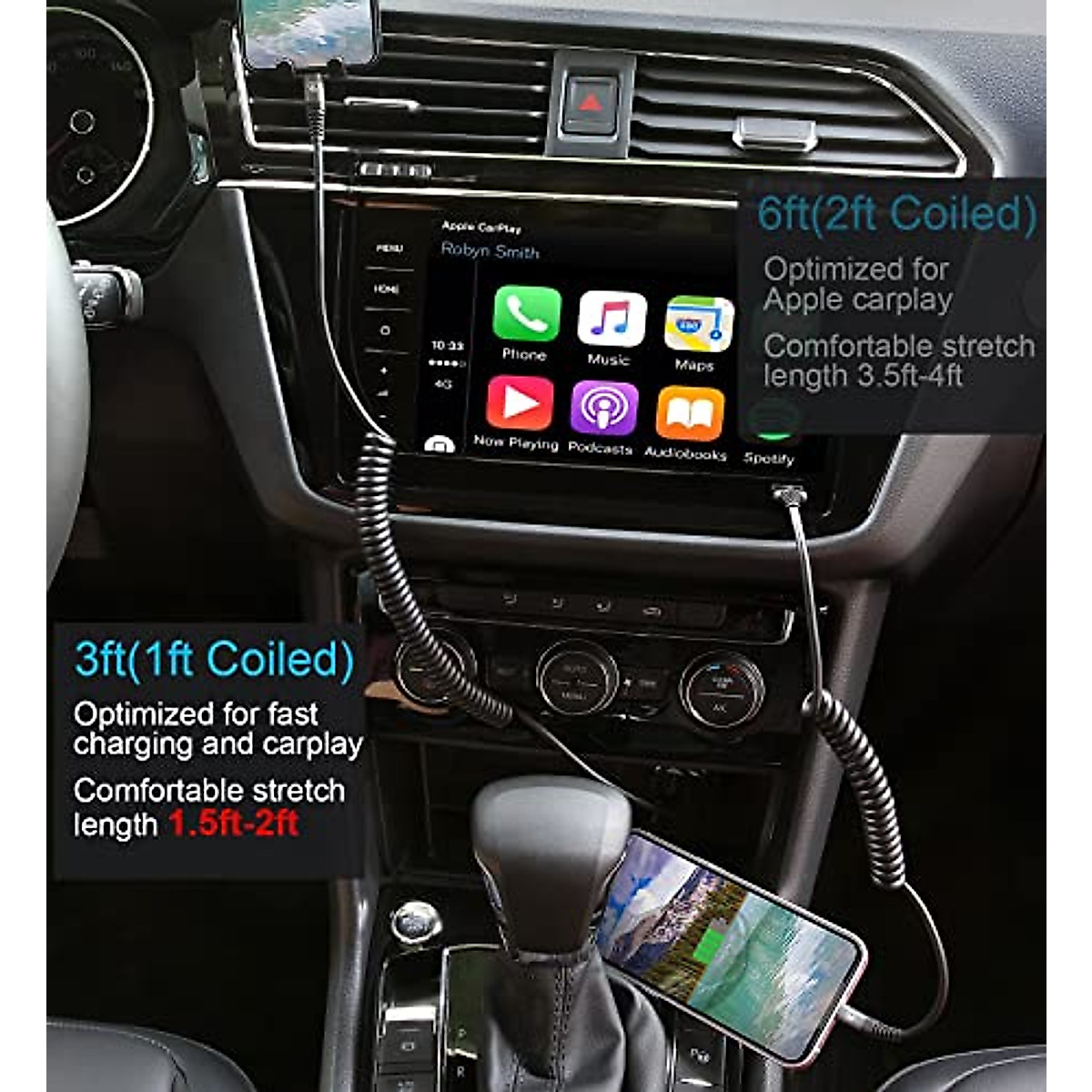 Coiled Lightning Cable, iPhone Charger Cable 3FT for Car, 2 Pack [Apple MFi Certified] 3 Feet Lightning Cord Compatible with iPhone14/13/12/11 Pro Max/XS MAX/XR/XS/X/8/7/Plus/6S iPad/iPod- Black