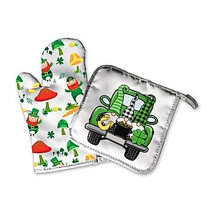 St Paddys Day | Saint Patricks Day | Spring Decorative Kitchen Hot Plate Pot Holder Oven Mitt Set | Leprechaun Shamrock Clover Green Gold Gnome | Cute Decoration