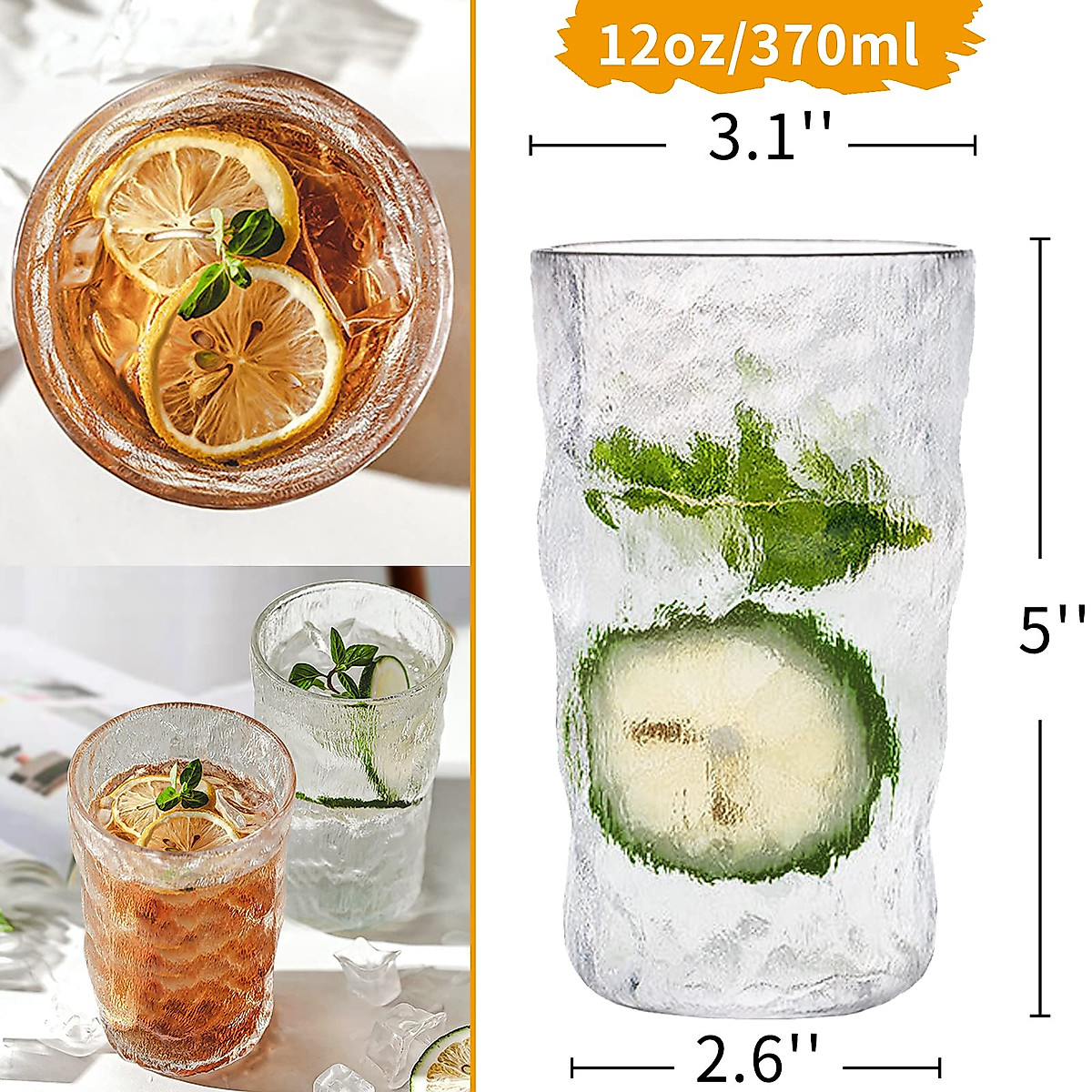 INFTYLE [Gift Set] Drinking Glasses Set of 6 Highball Glass Cups 12oz Premium Quality Glassware Set for Water, Juice, Cocktails, Wine, Beer, and Whiskey Dishwasher Safe