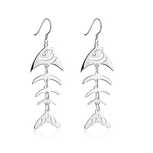 Sterling Silver Plated Earrings Drop Dangle Fish Hook Fish Bones .68" L383