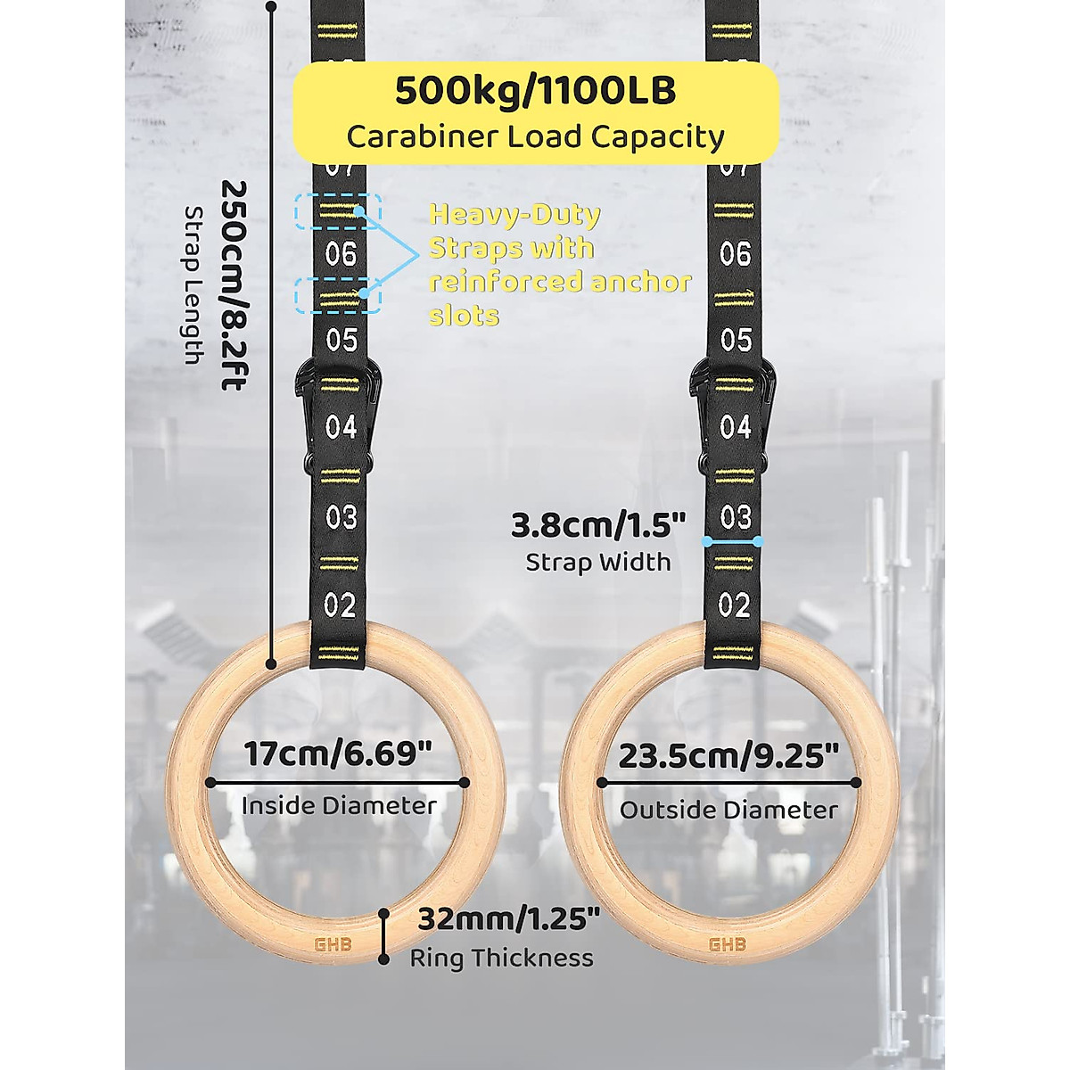 GHB Gymnastic Rings Wooden Gym Rings 1.25" Olympic Rings Adjustable Numbered Straps Pull Up Rings Sets for Workout Bodyweight Fitness Training