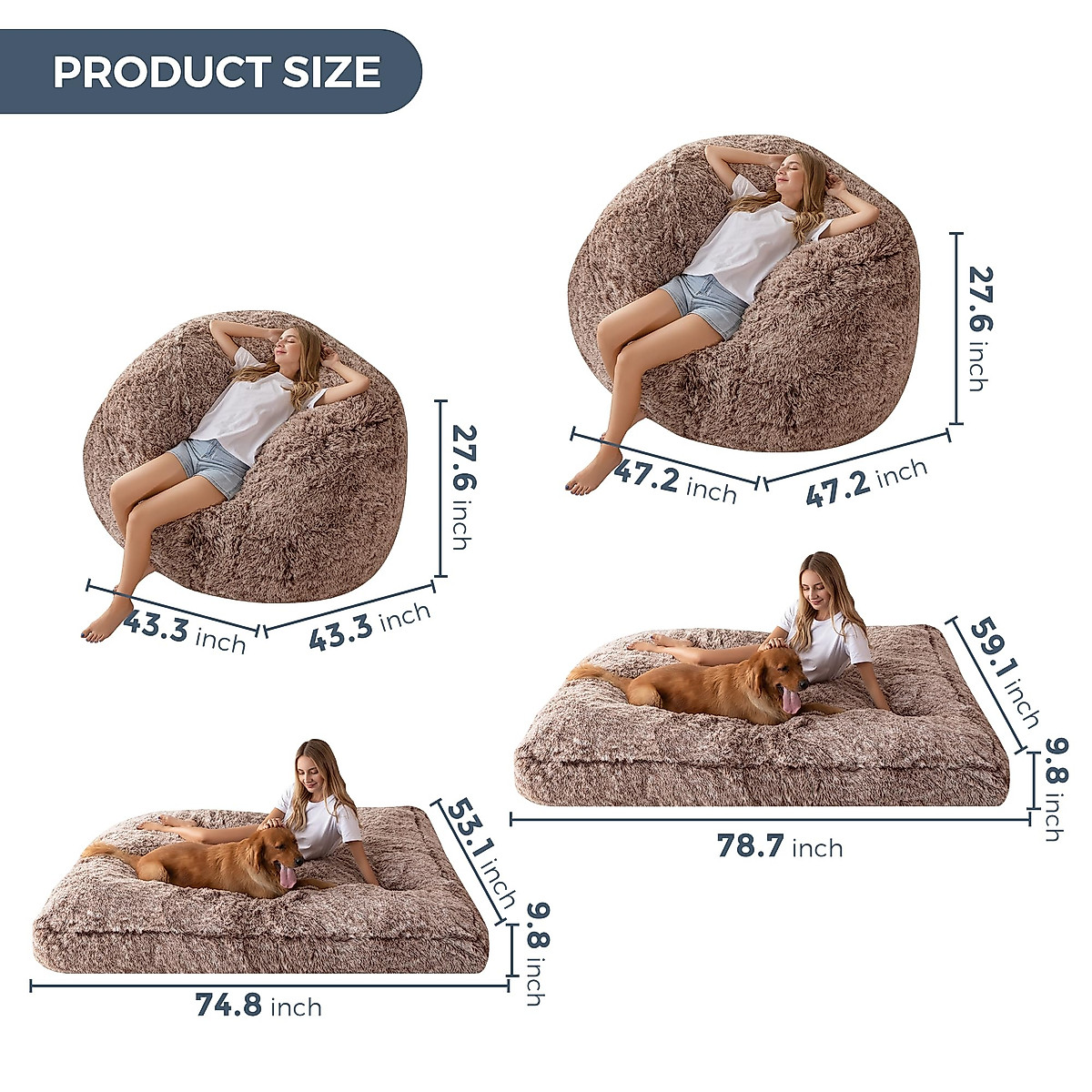 MAXYOYO Giant Bean Bag Chair Bed for Adults, Convertible Beanbag Folds from Lazy Chair to Floor Mattress Bed, Large Floor Sofa Couch, Big Sofa Bed, High-Density Foam Filling, Machine Washable