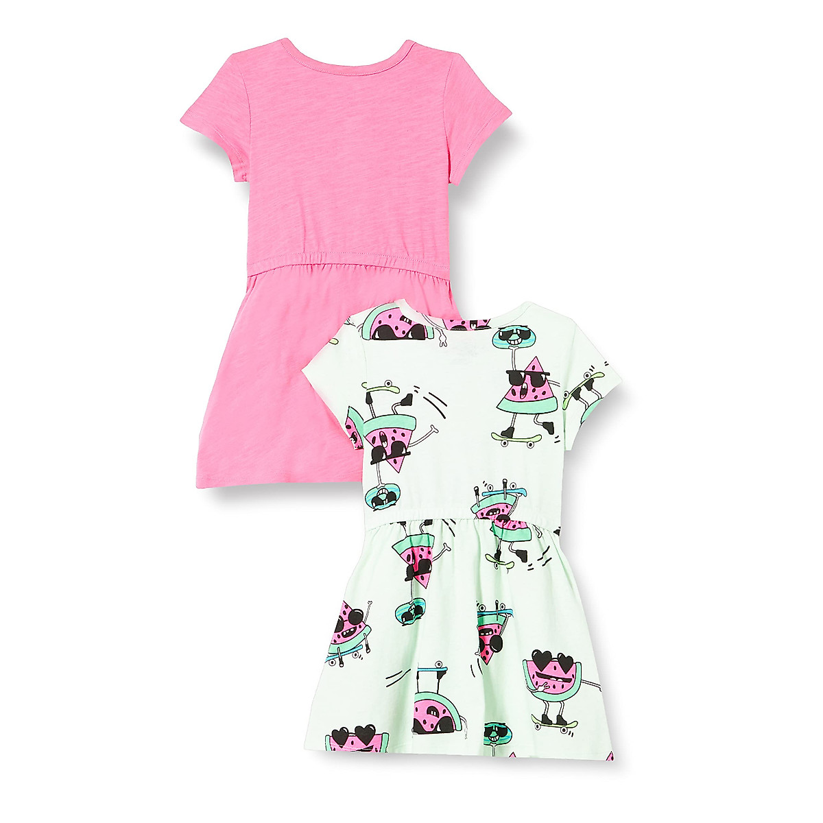 Amazon Essentials Toddler Girls' Knit Short-Sleeve Cinch-Waist Dresses (Previously Spotted Zebra), Pack of 2, Pink Watermelon, 4T