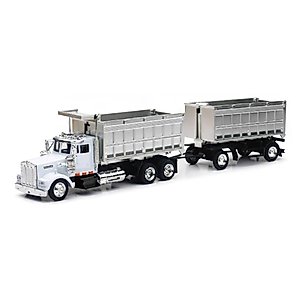 Kenworth W900 Double Dump Truck with Trailer in Red and Chrome, cab is die-cast Metal, Balance is high Impact Plastic,unisex-children