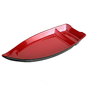 Happy Sales HSSB-10RB, Sushi Boat Shape Plate Sushi Sashimi Serving Plate Melamine Plastic Tray 10 x 4.5 Inch (Red Black)