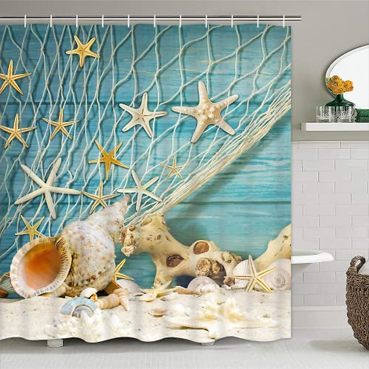 ASPMIZ 4 Pcs Seashell Starfish Shower Curtain Sets with Non-Slip Rug, Toilet Lid Cover and Bath Mat, Ocean Conch Nautical Shower Curtain with 12 Hooks, Waterproof Beach and Fishing Nets Bath Curtain