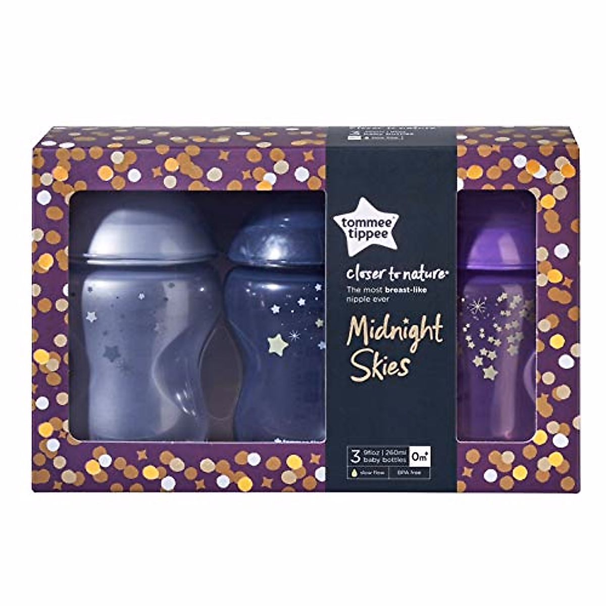 Tommee Tippee Closer to Nature Baby Bottles, Slow Flow Breast-Like Nipple with Anti-Colic Valve, 9oz, 3 Count, Midnight Skies
