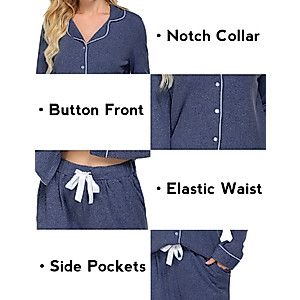 EkouaerWomen's Winter Warm Long Sleeve Sleepwear Soft Loungewear Nightwear 2 Piece Sleep Set (Dark Blue,S)