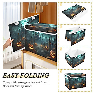 YETTASBIN Halloween Pumpkin Storage Basket with Lid and Handles, Large Collapsible Fabric Storage Bins Sturdy Storage Organizer for Shelves, Closet, Bedroom, School, Office, Home Decor