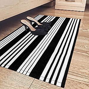 OJIA Cotton Black and White Striped Rug 24'' x 51'' Hand-Woven Indoor/Outdoor Area Rug Layered Door Mats for Front Porch/Entryway/Laundry Room/Bedroom/Outdoor