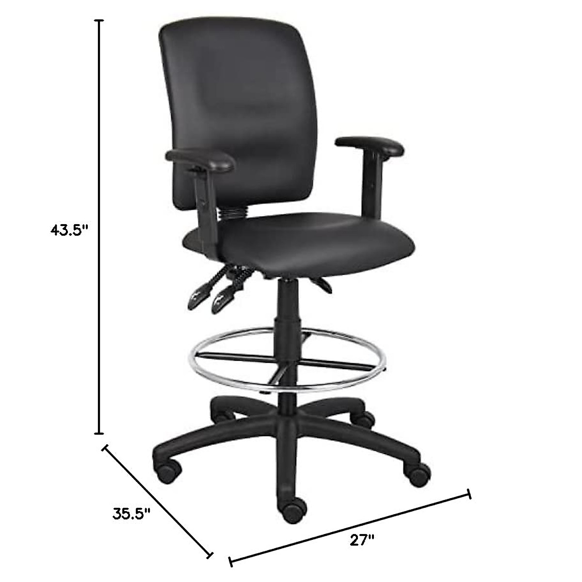 Boss Office Products Multi-Function LeatherPlus Drafting Stool with Adjustable Arms in Black