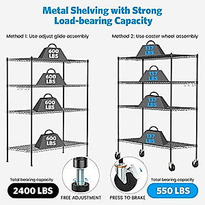 Leteuke Wire Shelving Unit with Wheels, NSF Certified 4 Tier Adjustable Storage Shelves 60"×24"×72", 2400LBS Heavy Duty Shelving Commercial Grade Metal Storage Utility Rack for Kitchen Garage, Black