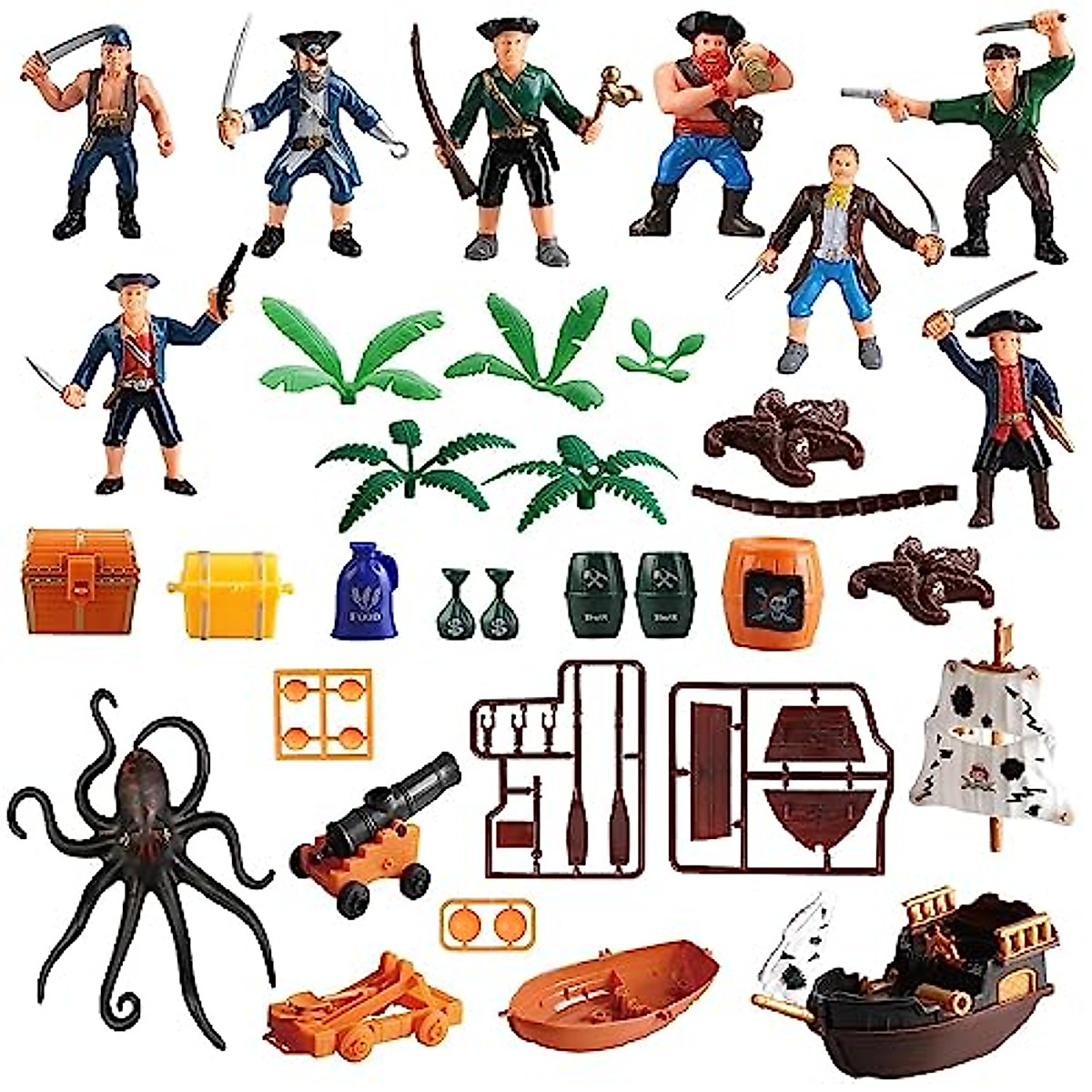 kramow Pirate Action Figures Play Set,Educational Toys Bucket of Pirate Toy with Boat,Treasure Chest,Cannons,Octopus,Pirate Ship and Other Accessories,War Game Toys for Boys and Kids