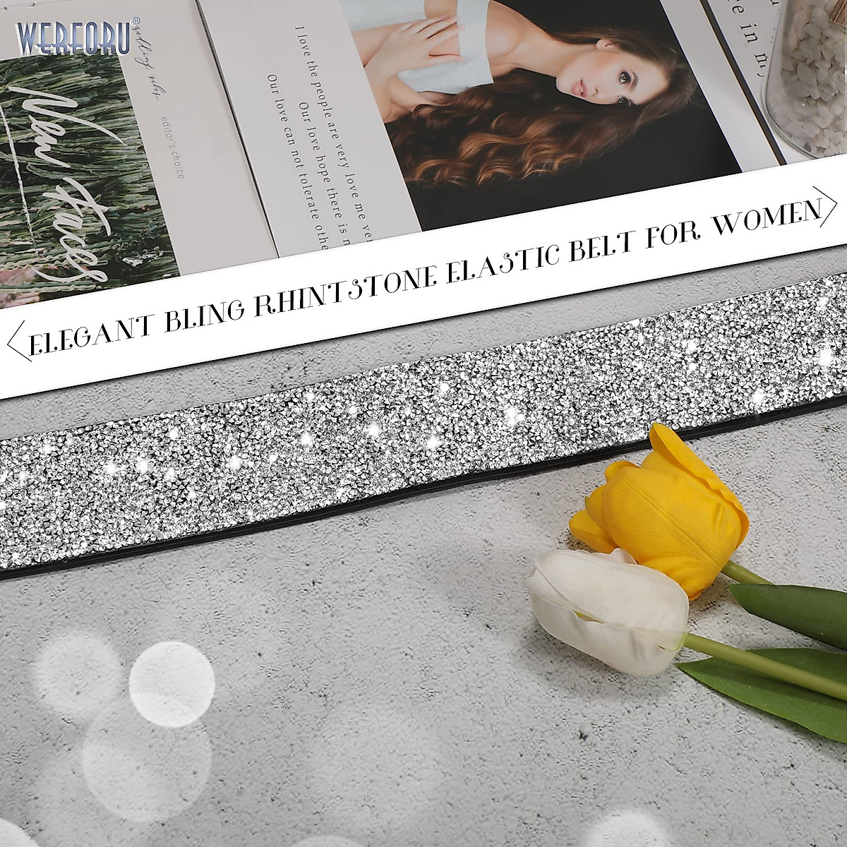 WERFORU Women Rhinestone Wide Crystal Elastic Dress Belt Bling Sparkle Stretch Shiny Party Waist Belt