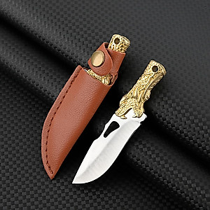 SZHOWORLD Small Fixed Blade Knife, 2 inch 5Cr Steel Blade with Brass Dragon Head Handle, Mini Knife with Leather Sheath for EDC Gift Collection (Style 2)