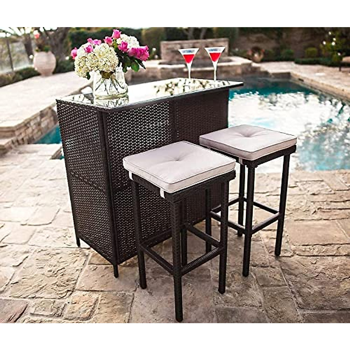 Oakmont Outdoor Bar Set 3-Piece Brown Wicker Patio Furniture - Glass Bar and Two Stools with Cushions for Patios, Backyards, Porch, Gardens or Poolside