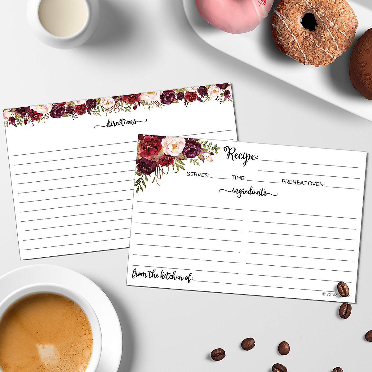 321Done Recipe Cards (Set of 50) Floral 4" x 6" - Double-Sided for Weddings, Bridal Shower - Made in USA - Large Watercolor Red Roses, White From the Kitchen Of
