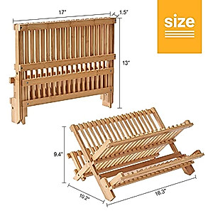 APTWOW Bamboo Dish Drying Rack with Utensil Holder, 3 Tier Collapsible Wooden Dish Drying Rack, Large Widening Bamboo Drying Rack for Kitchen Counter