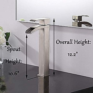 VCCUCINE Modern Vessel Sink Brushed Nickel Tall Waterfall Bathroom Faucet, Single Handle Mixer Vessel Sink Faucet with Pop Up Drain and Two 3/8" Hoses