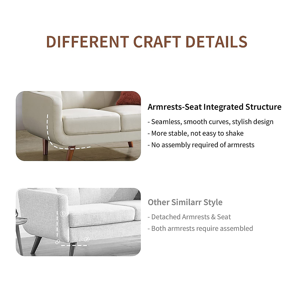 Husbedom 51 Inches Loveseat Sofa, Mid-Century Modern Mini Couch with Tufted Back for Small Living Room, Bedroom,Apartment, Dorm,Track Arms, Wooden Legs, Easy Assembly, Beige