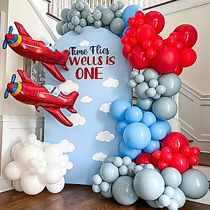 Airplane Birthday Party Decorations 151pcs Airplane Balloon Garland Arch Kit Dusty Blue and Red with Airplane Mylar Balloon for Time Flies Theme Birthday Baby Shower Party Supplies