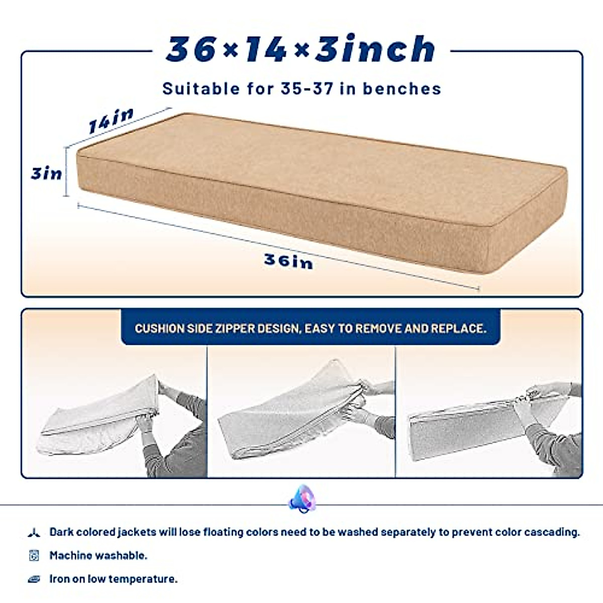 sutailocus Bench Cushion Double Piping Indoor/Outdoor Bench Cushion Bench Cushions for Indoor Furniture, Indoor Window/Piano/Porch Swing Cushion with Adjustable Ties (36x14x3, Khaki)