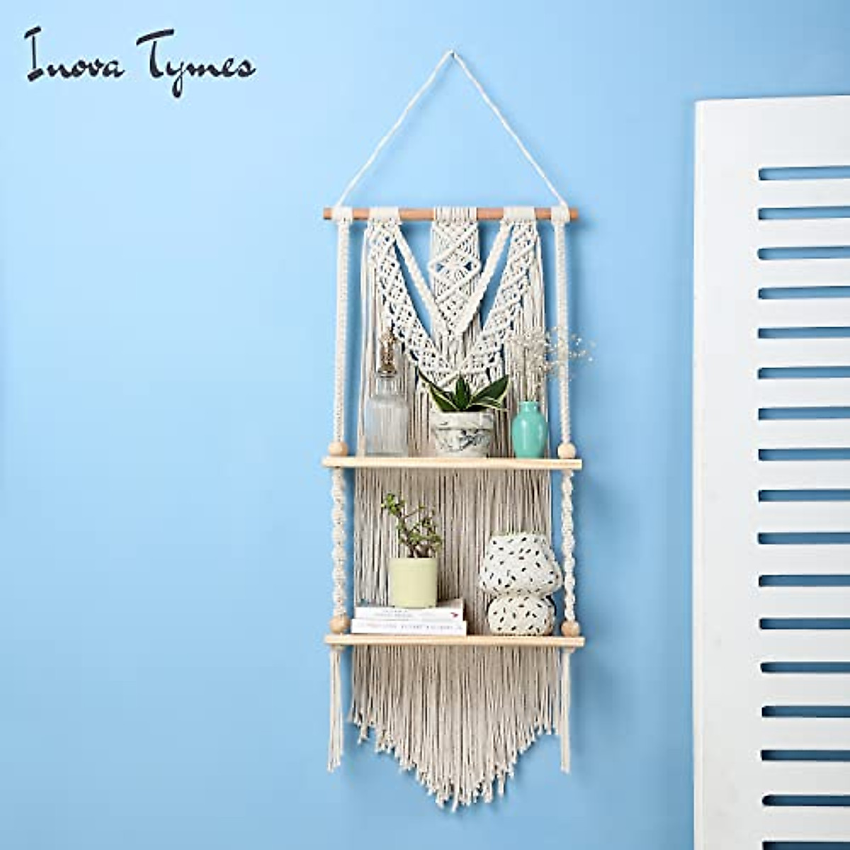 INOVA TYMES Macrame Wall Hanging Shelf 2 Tier - Boho Bedroom Decor | Macrame Wall Decor | Boho Shelf Decor, Hanging Shelves for Wall, Woven Rope Floating Wood Shelves & Storage for Small Plants Books