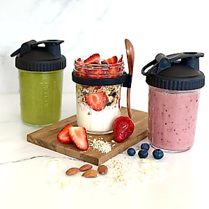 arexo Overnight Oats Containers with Lids – Practical Oatmeal Oat Jars – 3pcs Overnight Oatmeal Jars with Regular Lid and Blender-Style Lid – Thick Glass Overnight Oat Container – Lightweight and Comp