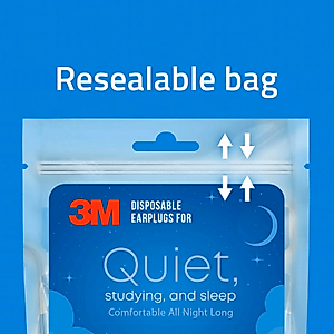 3M Disposable Earplugs For Quiet, Studying & Sleep, 80 Pairs (160 Plugs), Noise Reduction Rating (NRR) 32 dB, Comfortable All Night Long, Light Blue Ear Plugs, Come In Resealable Bag (EPQS-80B-SIOC)