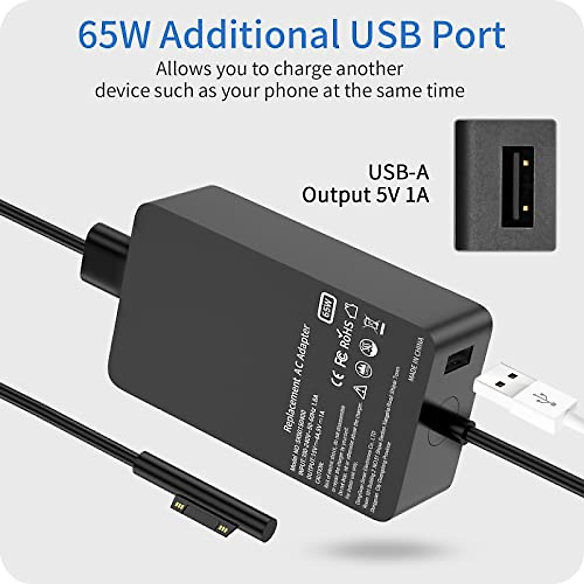 65W Surface Pro Charger Compatible with Surface Pro 9 8 3 7 6 5 4 X Microsoft Surface Charger Windows Surface Laptop Charger 1 2 3 4 with 5V 1A USB Charging Port LED 65W 44W 36W Power Supply Cord