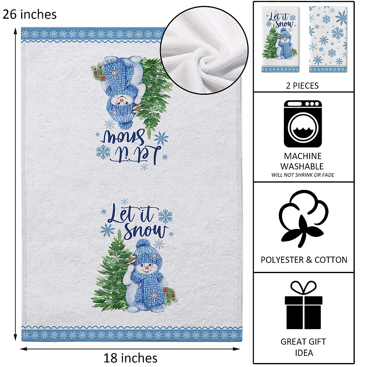 Seliem Winter Let it Snow Snowman Kitchen Dish Towel Set of 2, Blue Snowflakes Chickadee Hand Drying Baking Cooking Cloth, Christmas Tree Pine Cones Holiday Decor Home Decorations 18 x 26 Inch