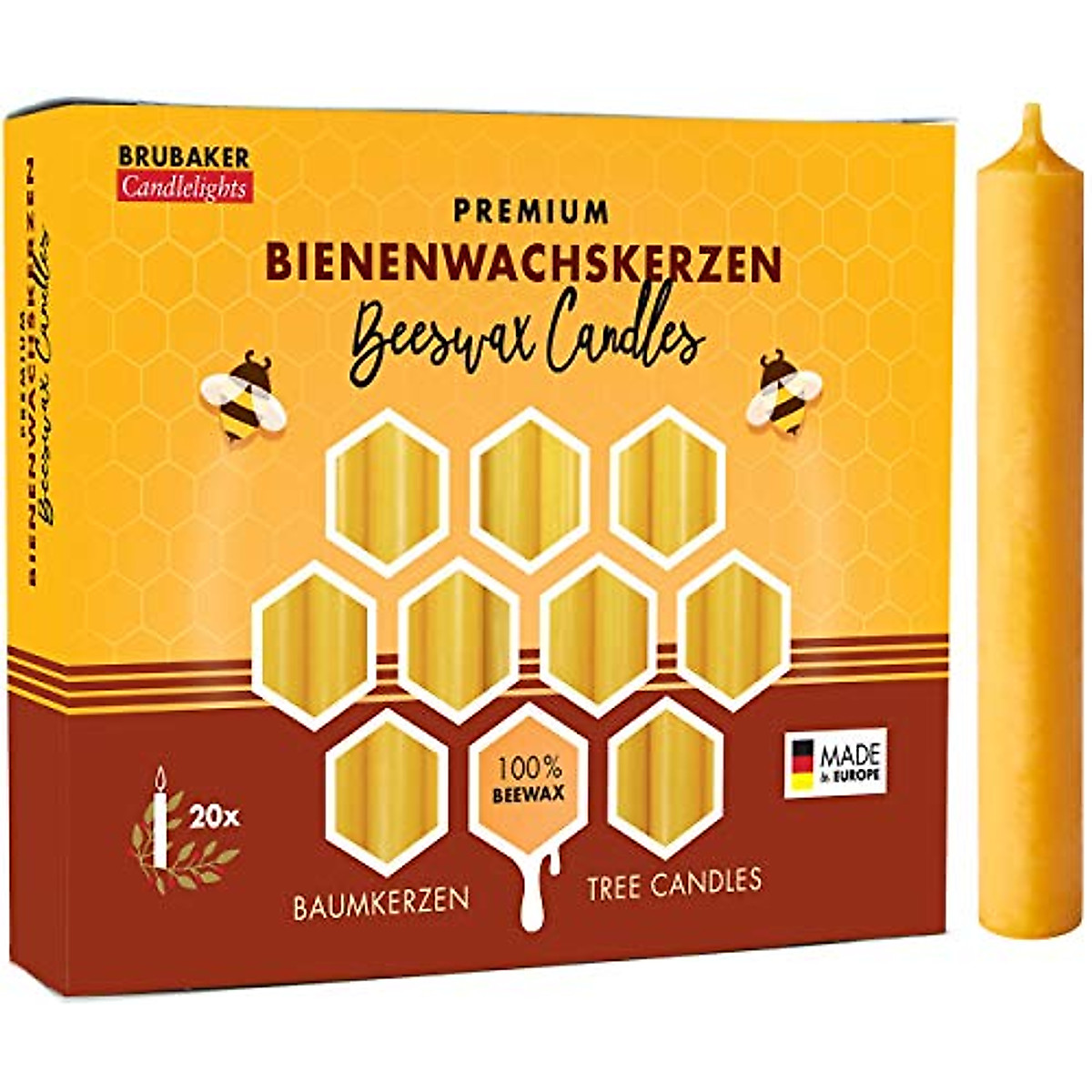 BRUBAKER 100% Beeswax Tree Candles - Pack of 20 - Honey Colored - 3¾ x ½ Inches (9.5 x 1.27cm) - Made in Europe - Pyramids, Carousels & Chimes