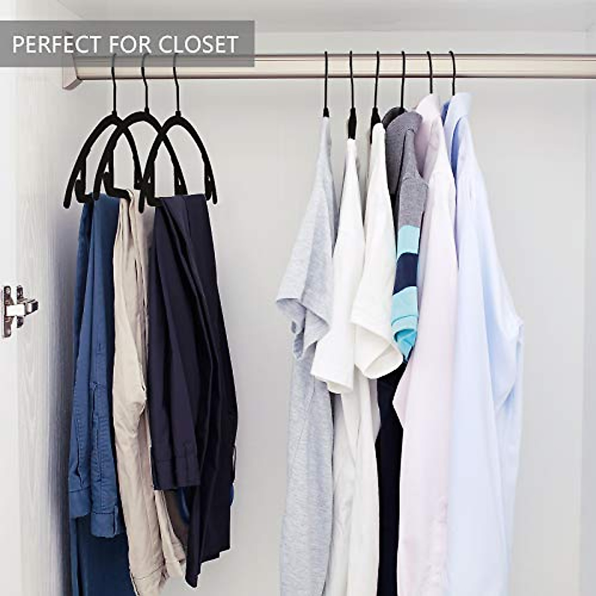 MIZGI Premium Velvet Hangers (Pack of 50) Heavyduty- Non Slip No Shoulder Bump Suit Hangers - Black Hooks,Space Saving Clothes Hangers,Rounded Hangers for Coat,Sweater,Jackets,Pants