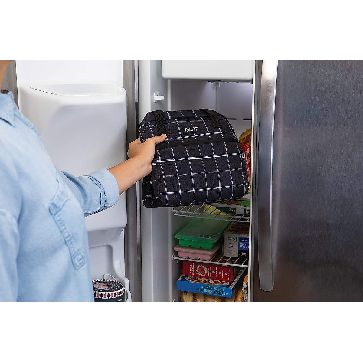 PackIt Freezable Hampton Lunch Bag, Black Grid, Built with EcoFreeze Technology, Collapsible, Reusable, Zip Closure with Front Pocket and Shoulder Straps, Perfect for Tweens and Adults