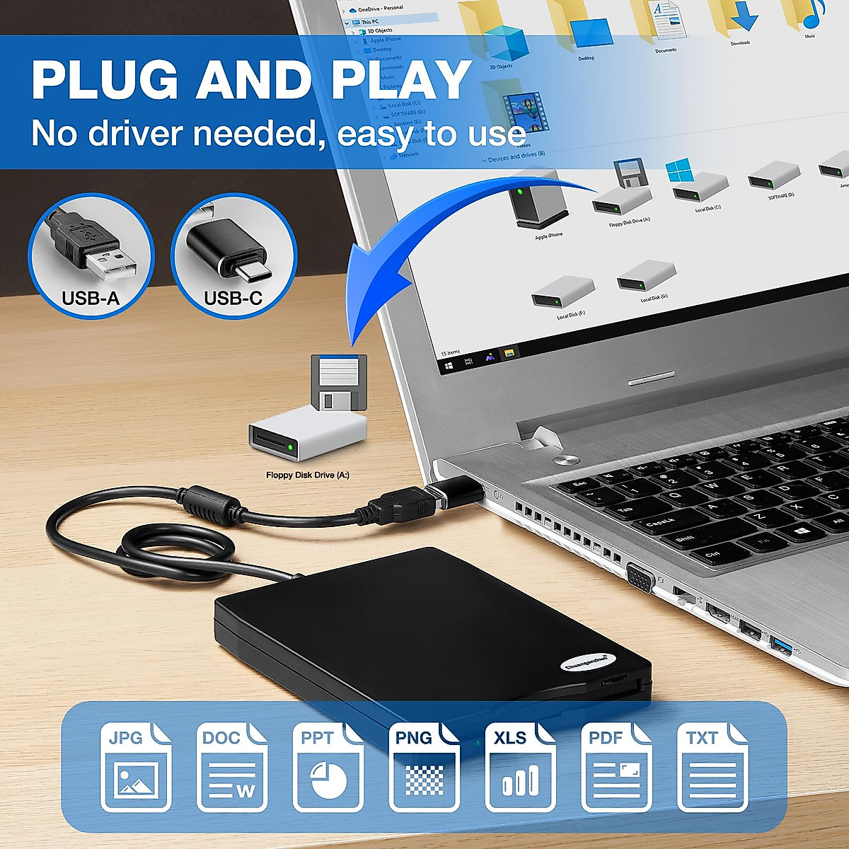 Chuanganzhuo Floppy Disk Reader, 3.5 inch External USB Type C Floppy Disk Drive for PC, Laptop and Desktop Compatible with Windows 11/10/8/7/2000/XP, Black, Frosted Texture