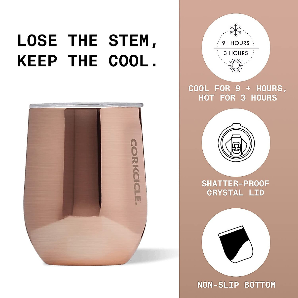 Corkcicle Origins Stemless Cup - Triple Insulated Stainless Steel Travel Wine Cup Tumbler for Coffee, Wine, and Cocktails - Spill Proof, Reusable, BPA-Free, Dishwasher Safe - 12oz/355ml, Copper