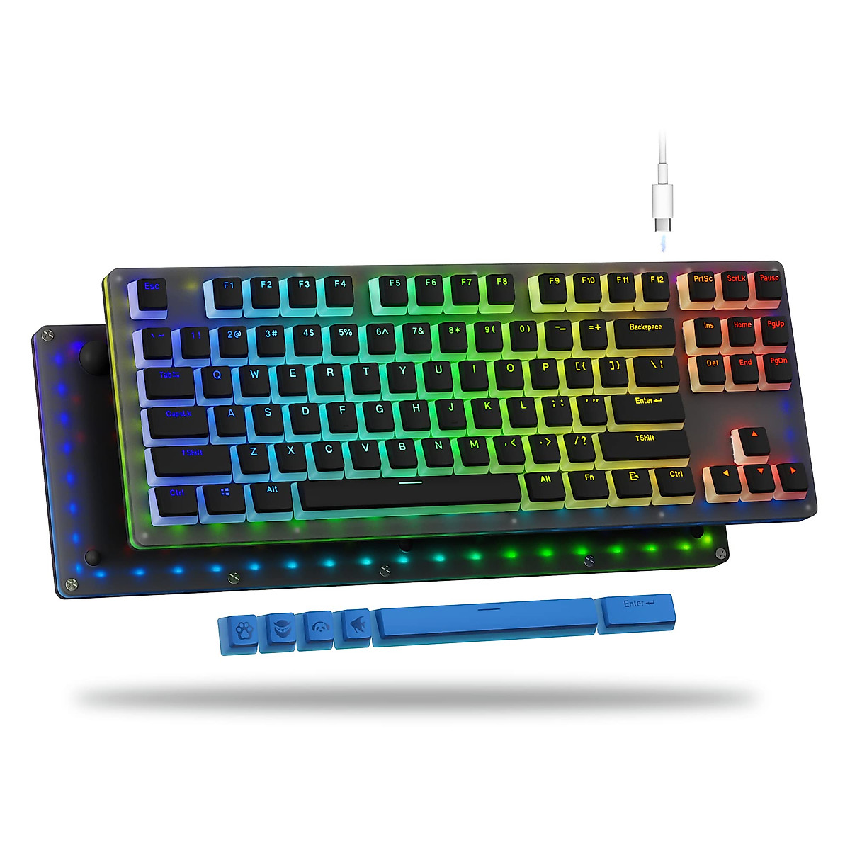 XVX Womier 75% Keyboard, TKL Mechanical Gaming Keyboard, Hot Swappable Black Keyboard, K87 PRO with Pudding Keycaps Wired RGB Keyboard for PC PS4 Xbox - Yellow Switch