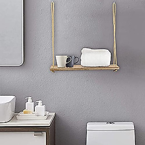 POZEAN Hanging Shelves 3 Pack Wooden Floating Wall Shelves, Hanging Plant Shelf, Boho Wall Decor Shelves for Bedroom, Plants, Living Room, Office (Included 6 Ropes 3 Rings 3 Hooks and Anchors)