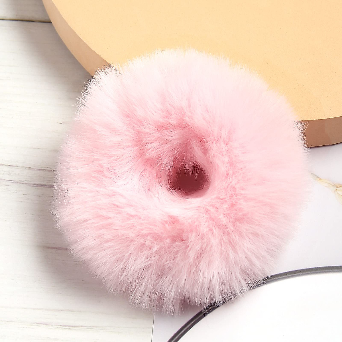 Furling Pompoms Furry Faux Rabbit Fur Hair Scrunchies Artificial Fur Hair Bobbles Elastic Hair Band Rope Wristband Ponytail Accessories Light Pink 2pcs