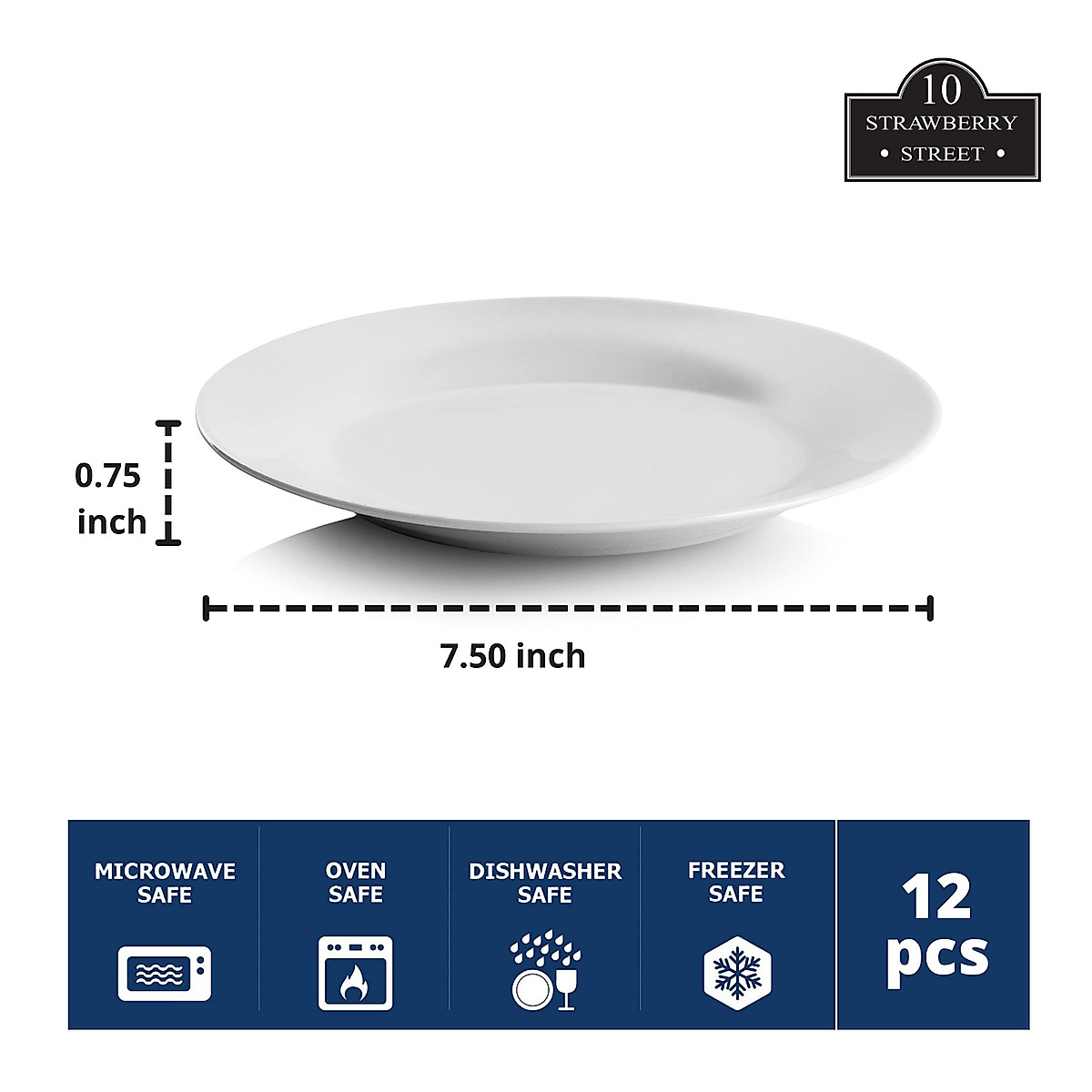 10 Strawberry Street 7.5" Catering Round Salad/Dessert Plate, Set of 12,White